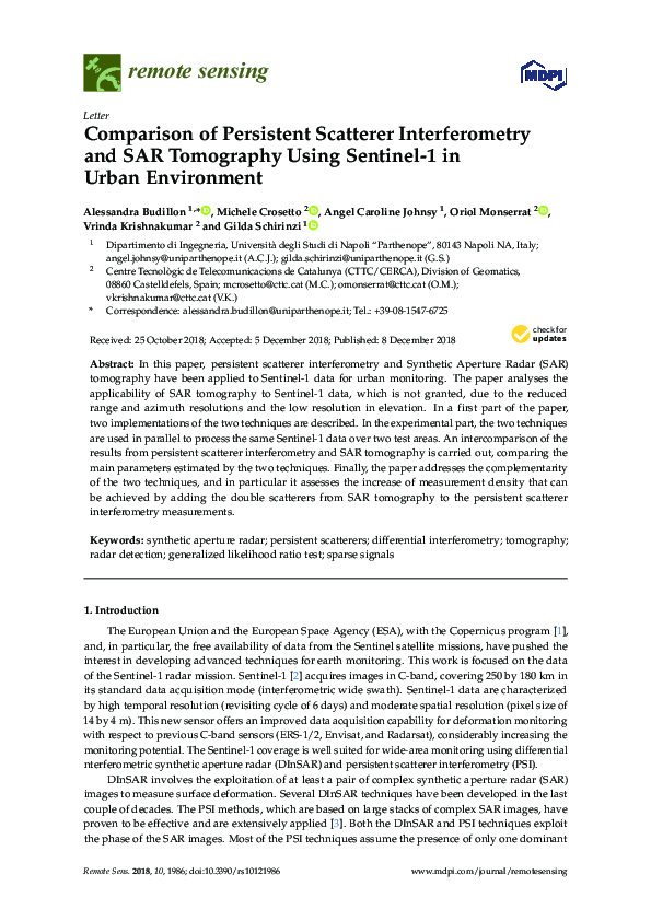 (PDF) Comparison of Persistent Scatterer Interferometry and SAR ... (PDF) Comparison of Persistent Scatterer Interferometry and SAR ...