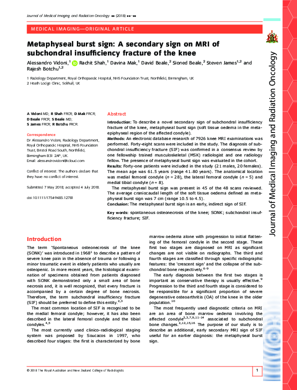 (PDF) Metaphyseal burst sign: A secondary sign on MRI of subchondral insufficiency fracture of ...