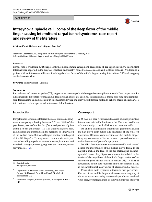 (PDF) Intrasynovial spindle cell lipoma of the deep flexor of the ...