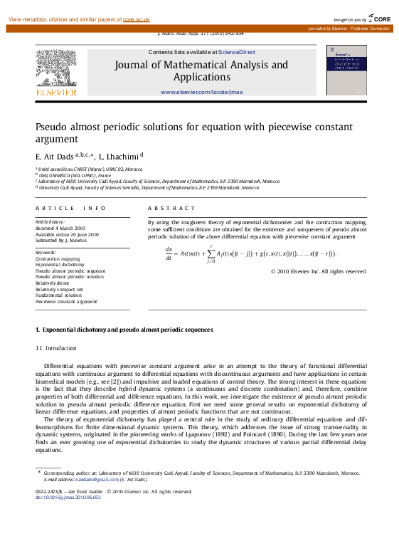 (PDF) Pseudo almost periodic solutions for equation with piecewise constant argument