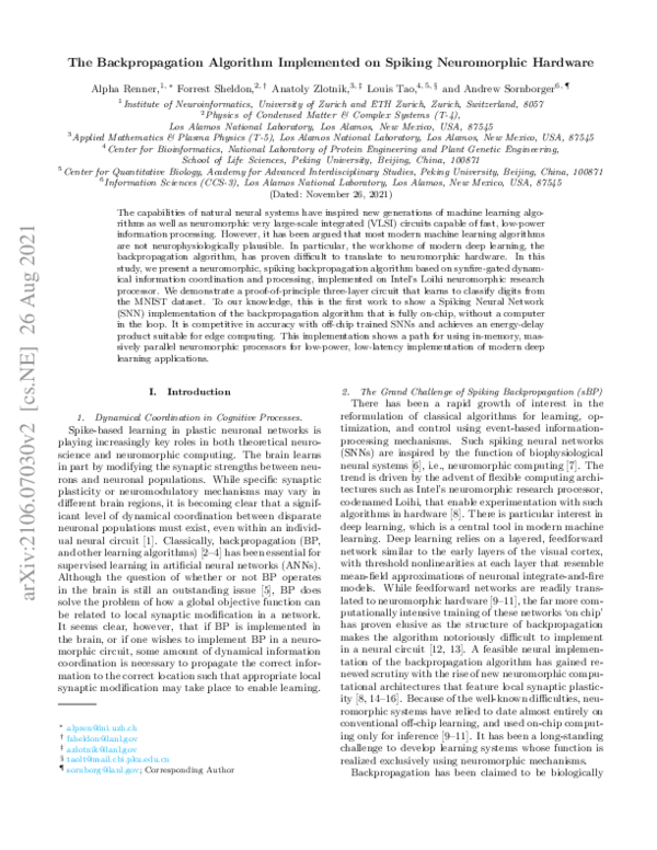 Pdf The Backpropagation Algorithm Implemented On Spiking Neuromorphic Hardware
