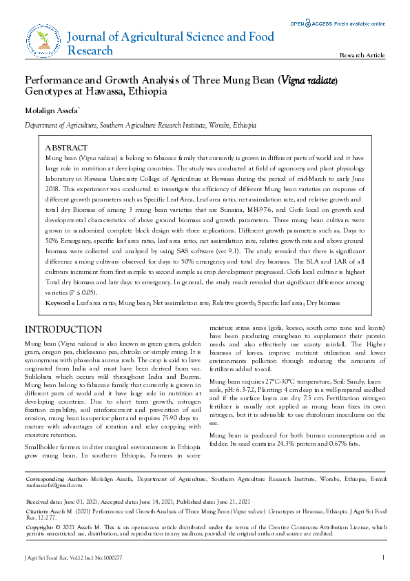 (PDF) Performance and Growth Analysis of Three Mung Bean (Vigna radiata ...