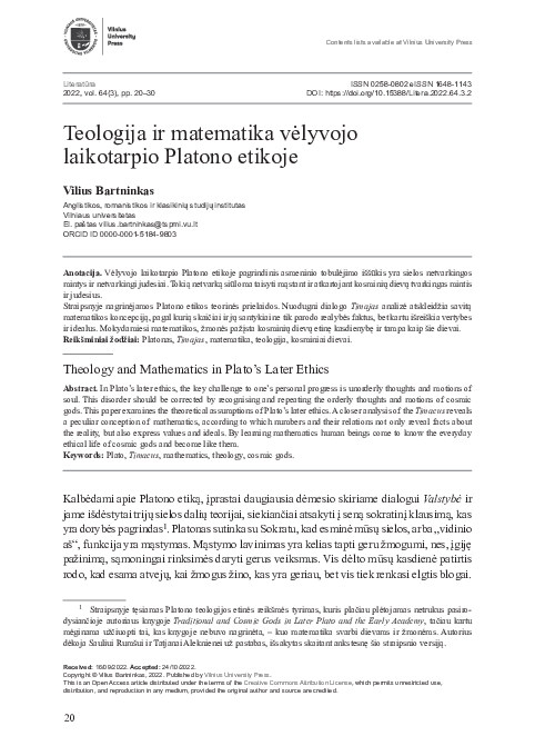 (PDF) Teologija ir matematika vėlyvojo laikotarpio Platono etikoje