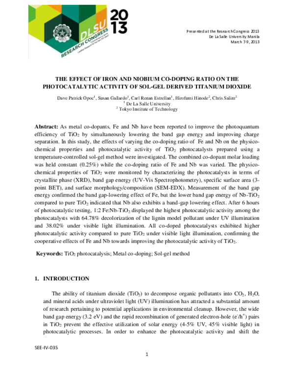 Pdf The Effect Of Iron And Niobium Co Doping Ratio On The Photocatalytic Activity Of Sol Gel