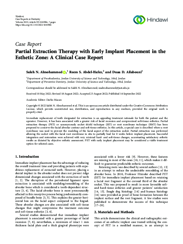 (PDF) Partial Extraction Therapy with Early Implant Placement in the ...