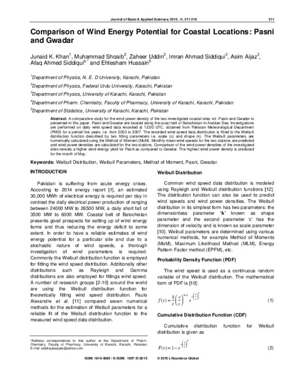 (PDF) Comparison of Wind Energy Potential for Coastal Locations: Pasni ...