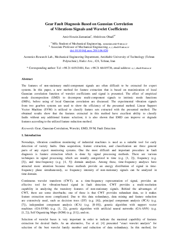 Pdf Gear Fault Diagnosis Based On Gaussian Correlation Of Vibrations Signals And Wavelet