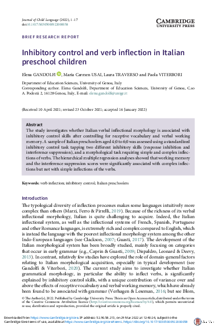 (PDF) Inhibitory control and verb inflection in Italian preschool ...