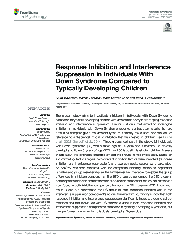 (PDF) Response Inhibition and Interference Suppression in Individuals With Down Syndrome ...