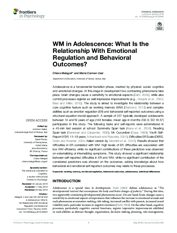 (PDF) WM in Adolescence: What Is the Relationship With Emotional ...