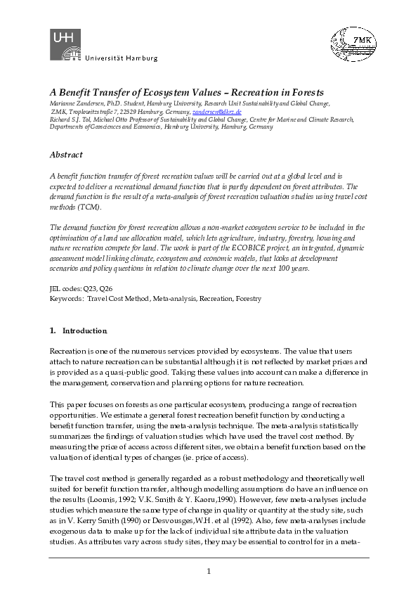 (PDF) of Forest Recreation A Benefit Transfer of Ecosystem Values ...