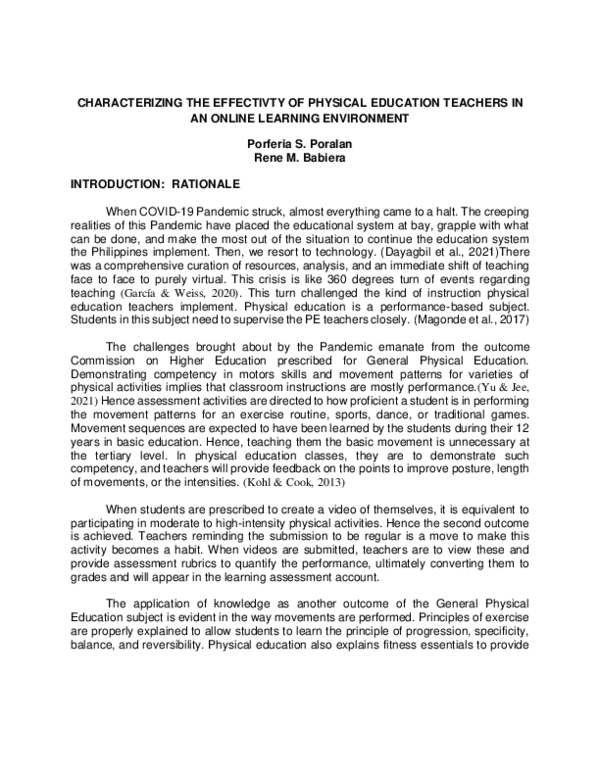 (PDF) CHARACTERIZING THE EFFECTIVTY OF PHYSICAL EDUCATION TEACHERS IN ...