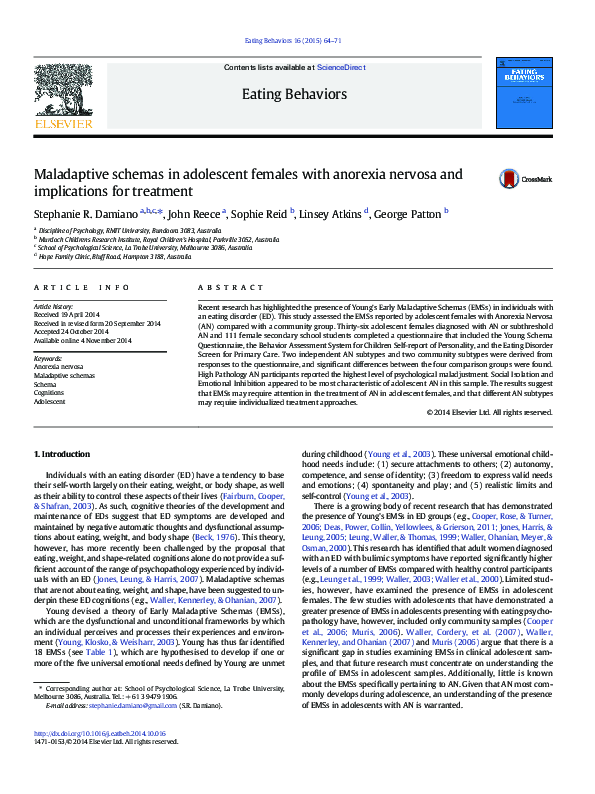 (PDF) Maladaptive schemas in adolescent females with anorexia nervosa ...