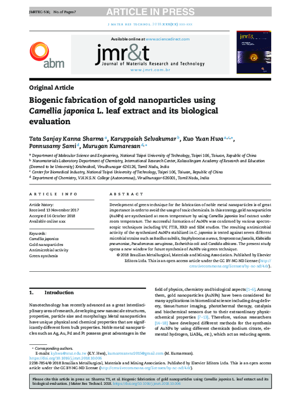 (PDF) Biogenic fabrication of gold nanoparticles using Camellia japonica L. leaf extract and its ...