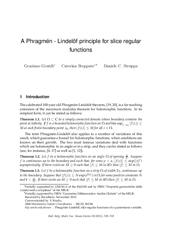 (PDF) A Phragmén - Lindelöf principle for slice regular functions