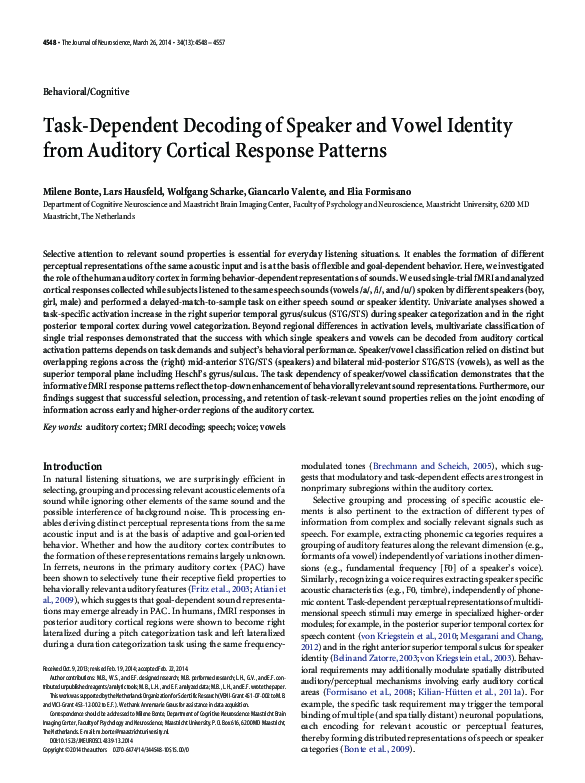 (PDF) Task-Dependent Decoding of Speaker and Vowel Identity from Auditory Cortical Response Patterns