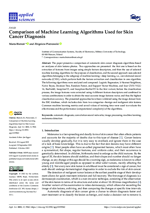 (PDF) Comparison of Machine Learning Algorithms Used for Skin Cancer ...
