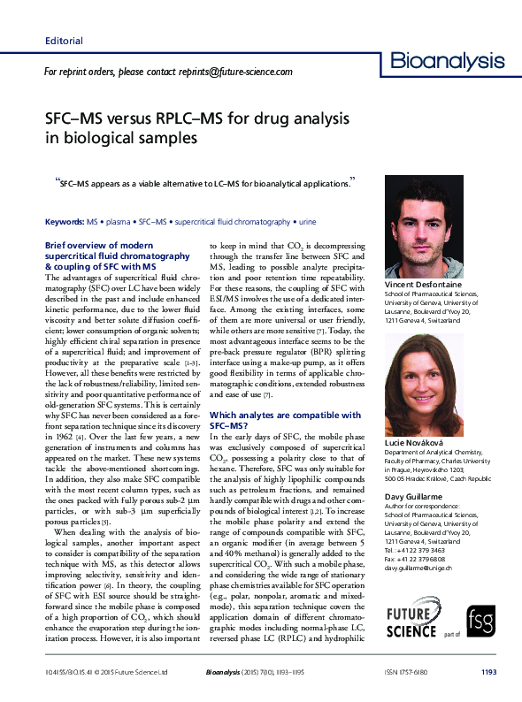(PDF) SFC–MS versus RPLC–MS for drug analysis in biological samples