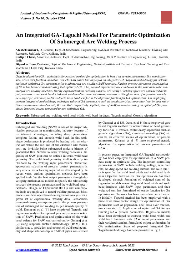 (PDF) An Integrated GA-Taguchi Model For Parametric Optimization Of Submerged Arc Welding Process