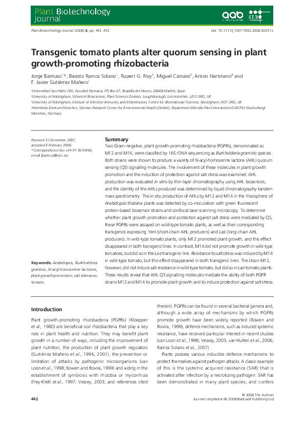 (PDF) Transgenic tomato plants alter quorum sensing in plant growth ...