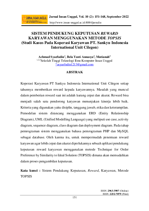 (PDF) Sistem Pendukung Keputusan Reward Karyawan Menggunakan Metode Topsis