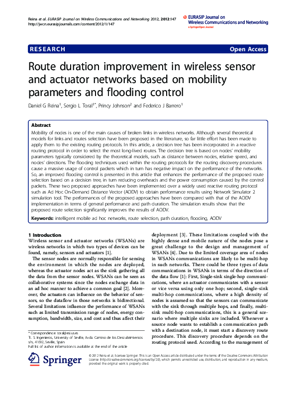 (PDF) Route duration improvement in wireless sensor and actuator networks based on mobility ...