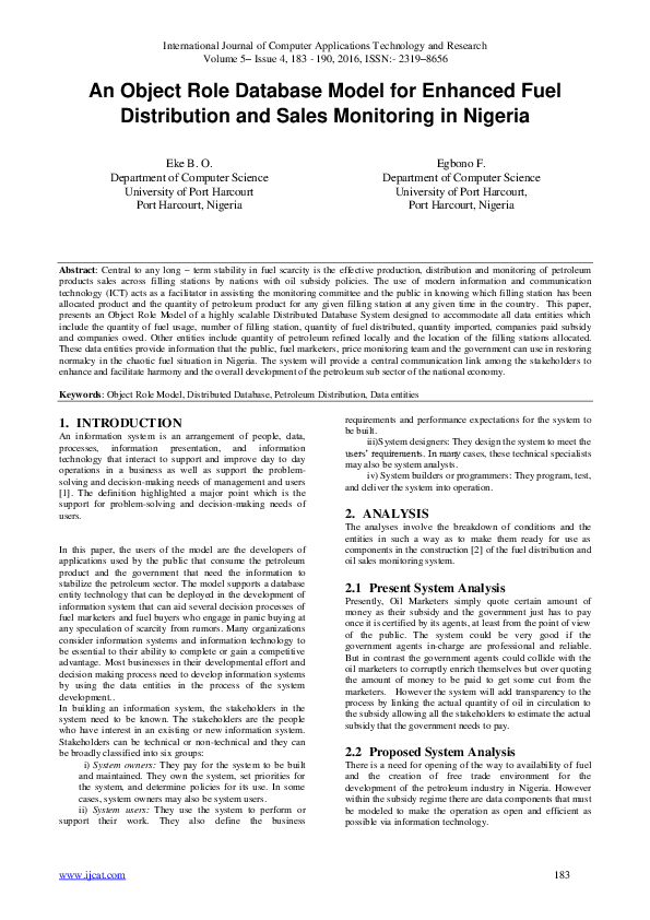 (PDF) An Object Role Database Model for Enhanced Fuel Distribution and Sales Monitoring in Nigeria