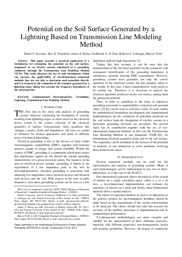 (PDF) Potential on the Soil Surface Generated by a Lightning Based on Transmission Line Modeling ...