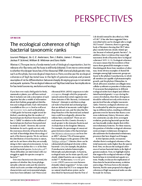 (PDF) The ecological coherence of high bacterial taxonomic ranks