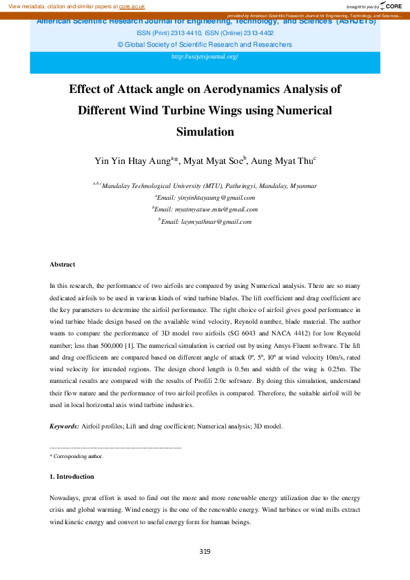 (PDF) Effect of Attack angle on Aerodynamics Analysis of Different Wind Turbine Wings using ...