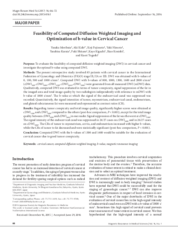 (PDF) Feasibility of Computed Diffusion Weighted Imaging and Optimization of b-value in Cervical ...