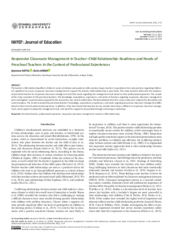 (PDF) Responsive Classroom Management in Teacher-Child Relationship: Readiness and Needs of ...