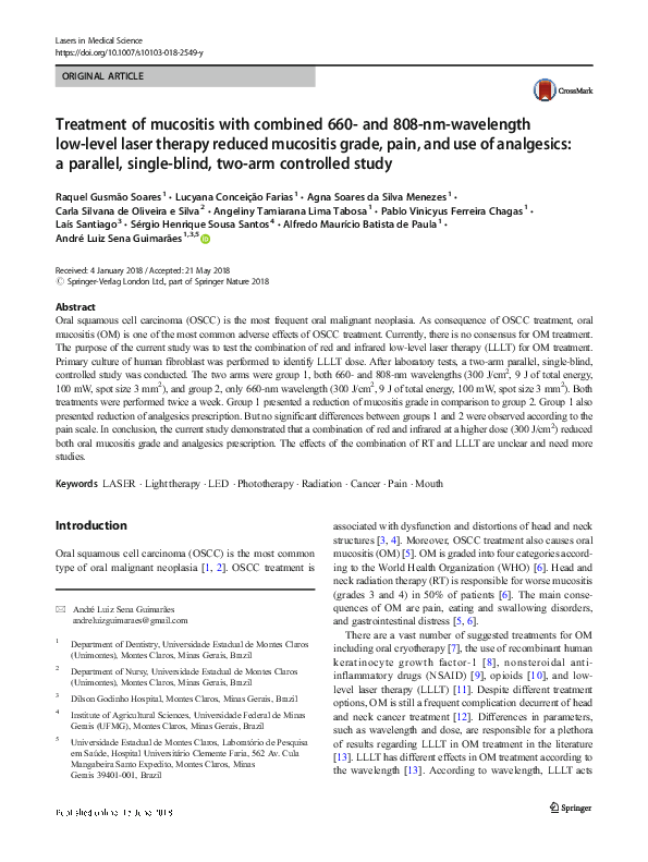 (PDF) Treatment of mucositis with combined 660- and 808-nm-wavelength low-level laser therapy ...
