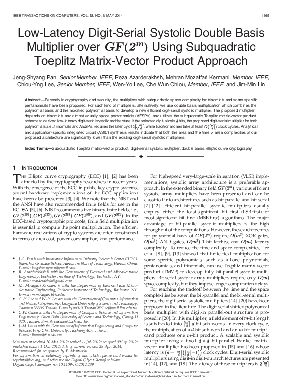 Pdf Low Latency Digit Serial Systolic Double Basis Multiplier Over