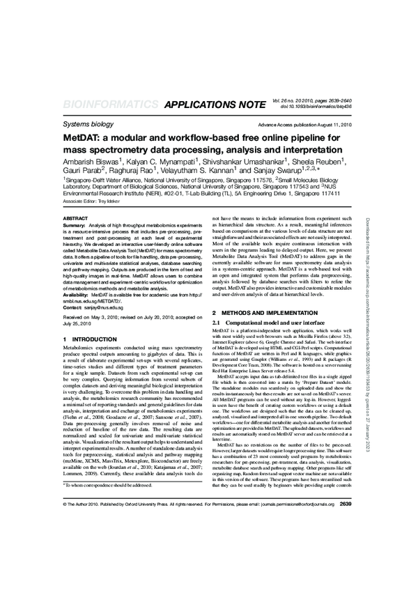 Pdf Metdat A Modular And Workflow Based Free Online Pipeline For Mass Spectrometry Data