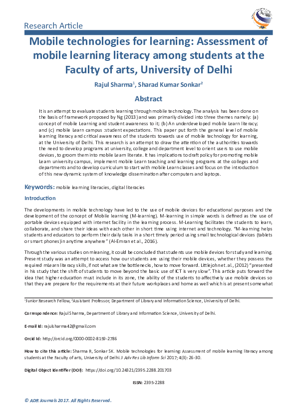 (PDF) Mobile technologies for learning: Assessment of mobile learning literacy among students at ...