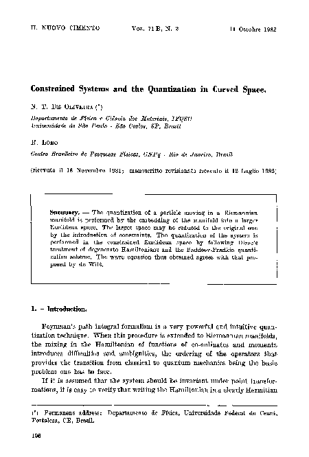 (PDF) Constrained systems and the quantization in curved space