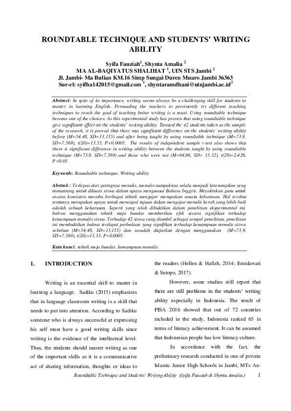 (PDF) Roundtable Technique and Students' Writing Ability