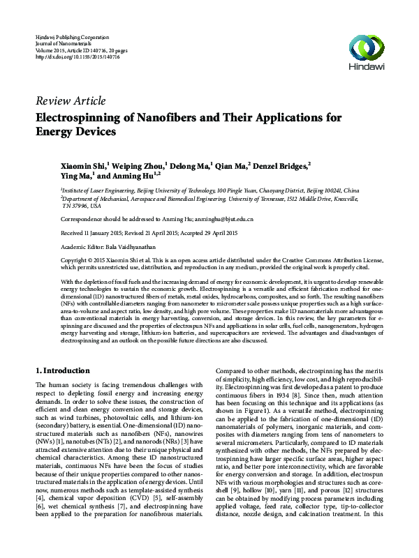 (PDF) Electrospinning of Nanofibers and Their Applications for Energy Devices