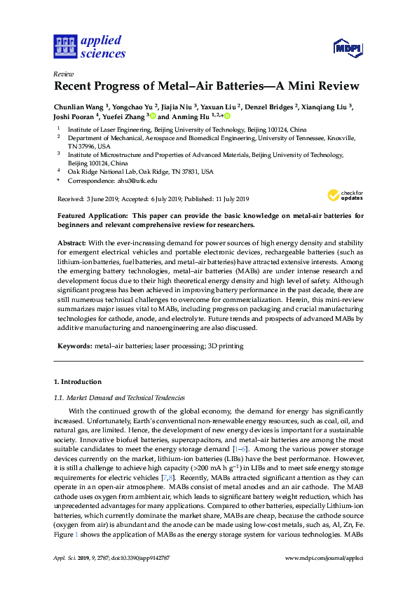 (PDF) Recent Progress of Metal–Air Batteries—A Mini Review