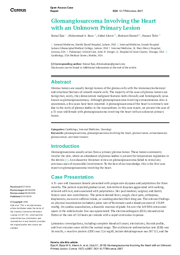 (PDF) Glomangiosarcoma Involving the Heart with an Unknown Primary Lesion