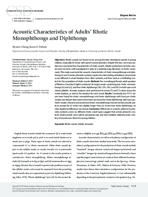 (PDF) Acoustic Characteristics of Adults’ Rhotic Monophthongs and ...