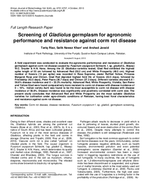 (PDF) Screening of Gladiolus germplasm for agronomic performance and ...