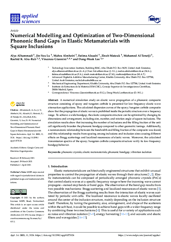 (PDF) Numerical Modelling and Optimization of Two-Dimensional Phononic Band Gaps in Elastic ...