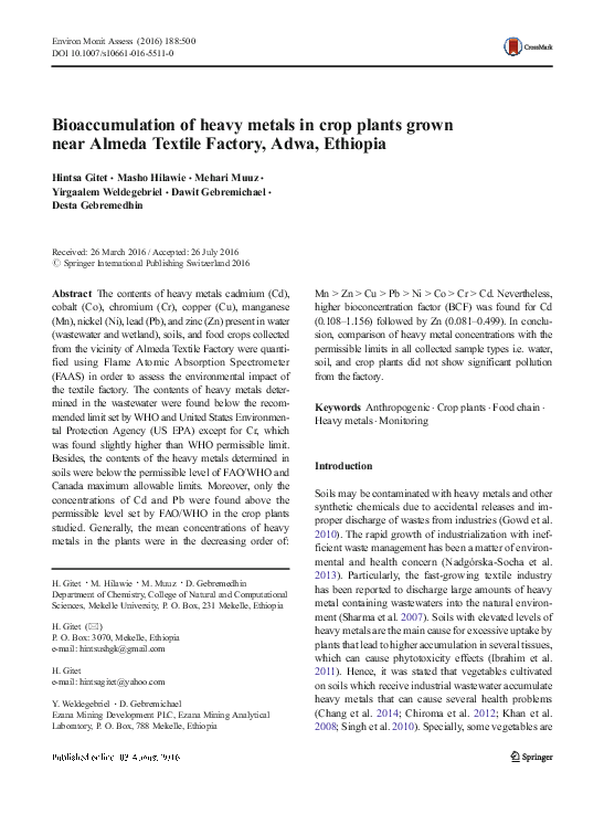 (PDF) Bioaccumulation of heavy metals in crop plants grown near Almeda ...