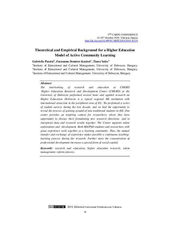 (PDF) Theoretical and Empirical Background for a Higher Education Model of Active Community Learning