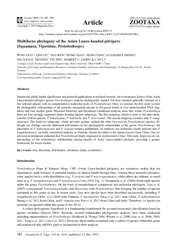 (PDF) Multilocus phylogeny of the Asian Lance-headed pitvipers ...