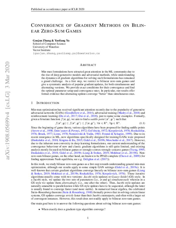 (PDF) Convergence of Gradient Methods on Bilinear Zero-Sum Games ...