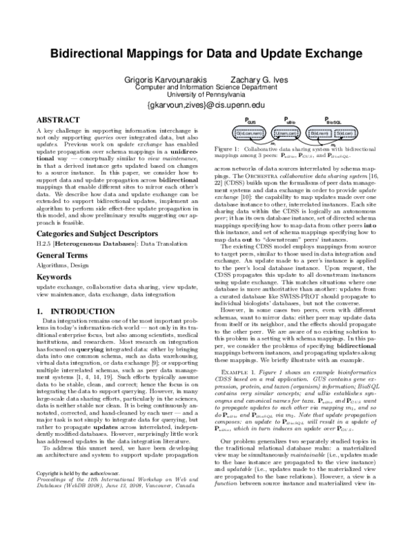 (PDF) Bidirectional Mappings for Data and Update Exchange