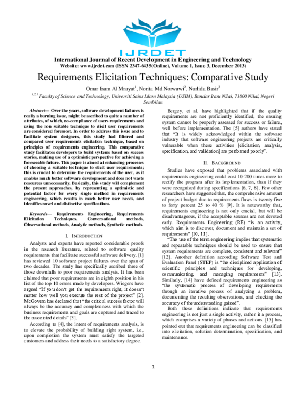(PDF) Requirements Elicitation Techniques: Comparative Study (PDF) Requirements Elicitation Techniques: Comparative Study
